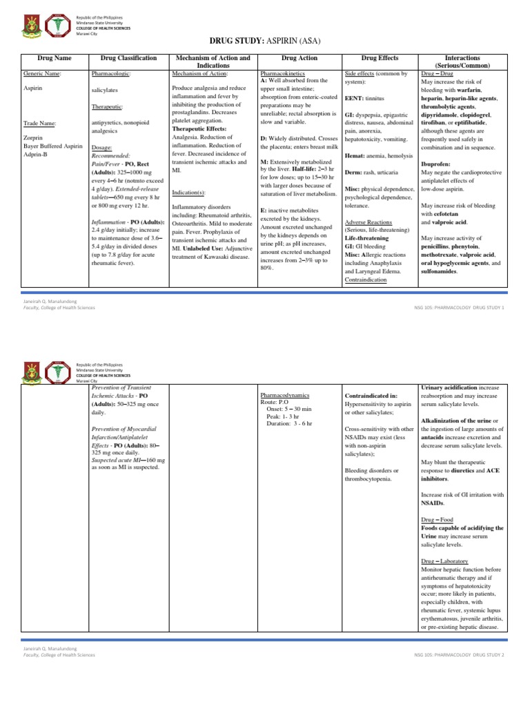 Drug Study: Aspirin (Asa) | PDF | Aspirin | Nonsteroidal Anti ...