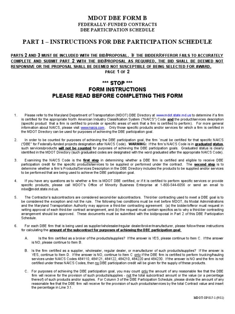 Mdot Dbe Form B: STOP Form Instructions Please Read Before Completing ...