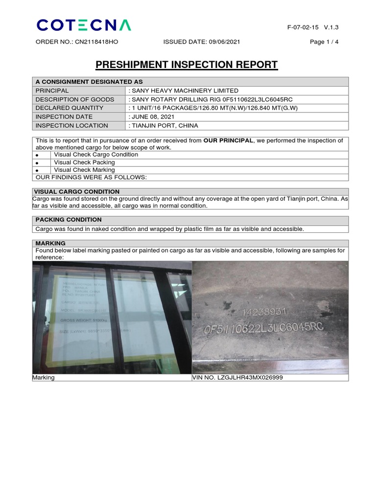 Preshipment Inspection Report (Rig 1) | PDF | Business | Shipping Service