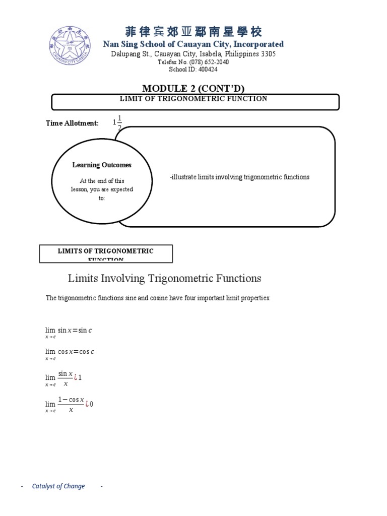 Module 2 (Cont'D) : Limits Involving Trigonometric Functions | PDF ...