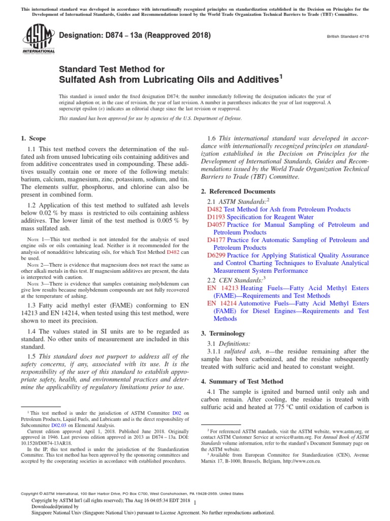 Sulfated Ash From Lubricating Oils and Additives: Standard Test Method ...