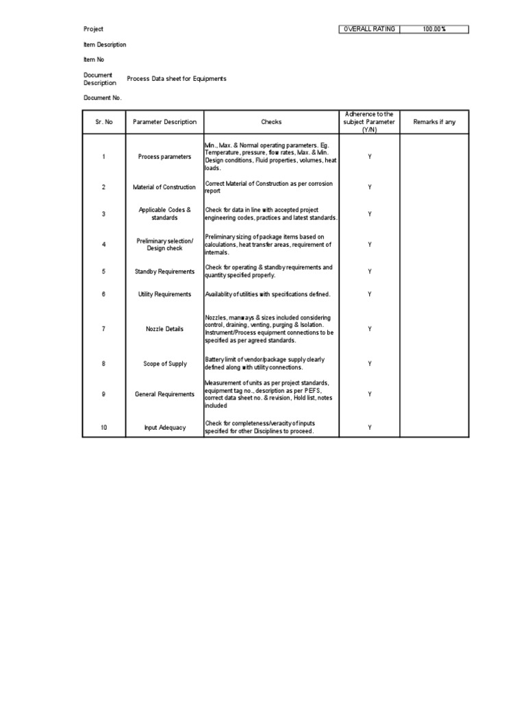 Equipment Process Data Sheet Checklist | PDF | Heat | Specification ...