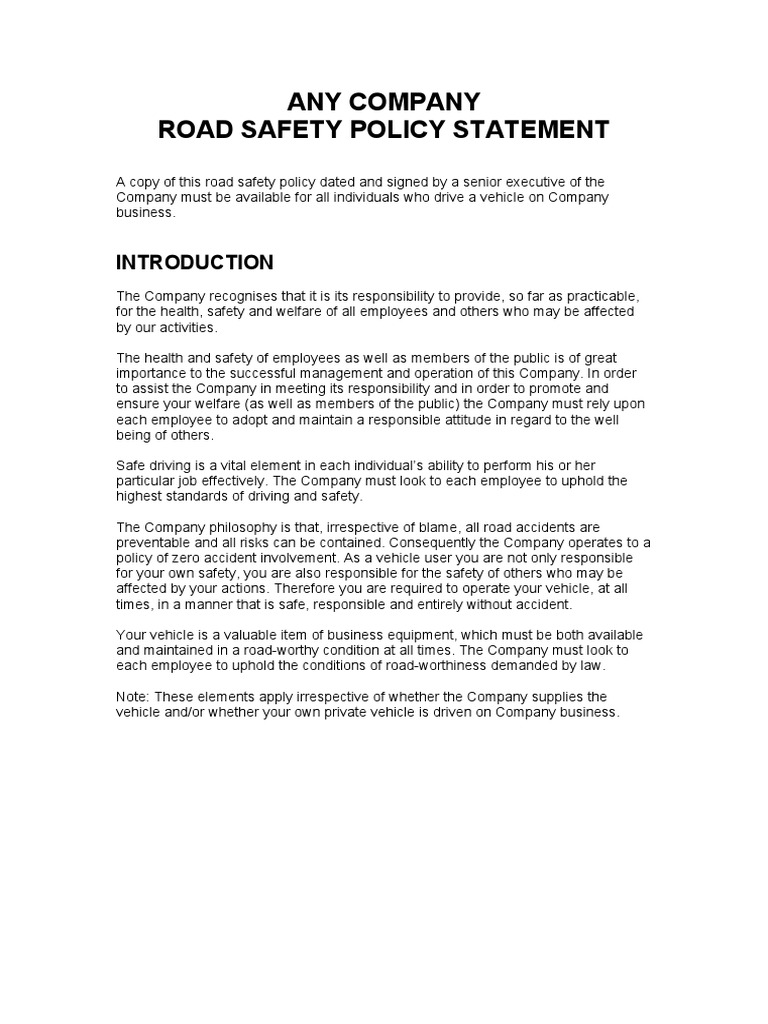 Any Company Road Safety Policy Statement | PDF | Safety | Traffic Collision