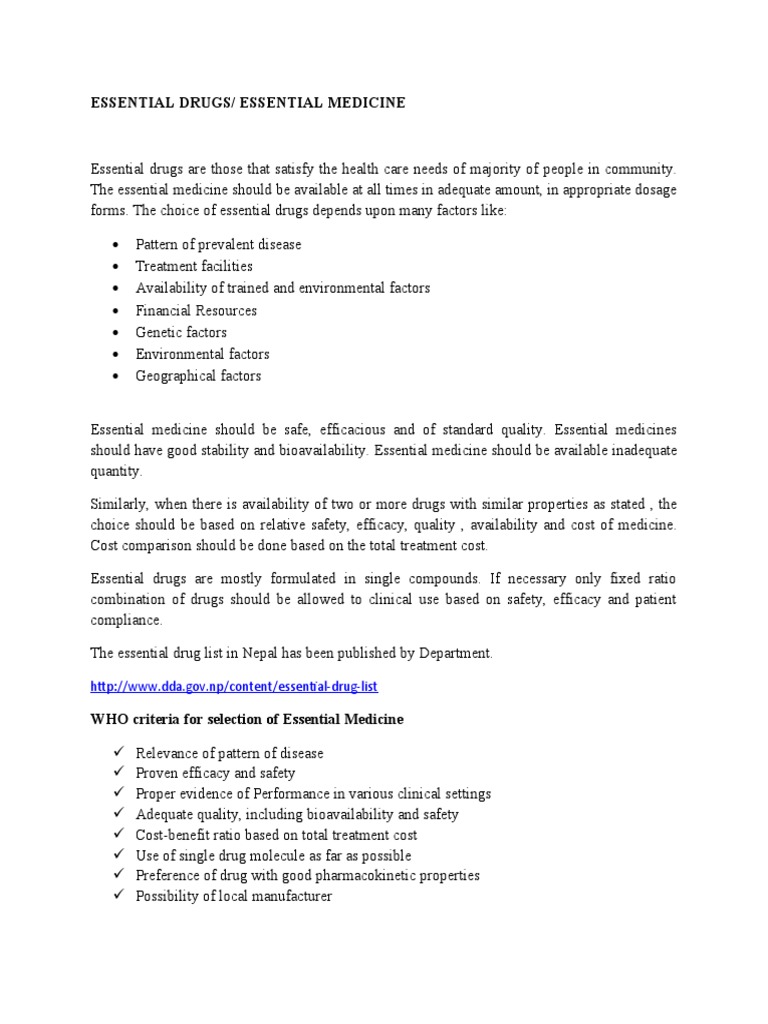 Essential Drugs: Definition and Criteria | PDF | Bioavailability | Therapy