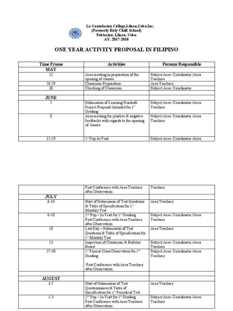 One Year Activity Proposal in Filipino: Time Frame Activities Persons ...