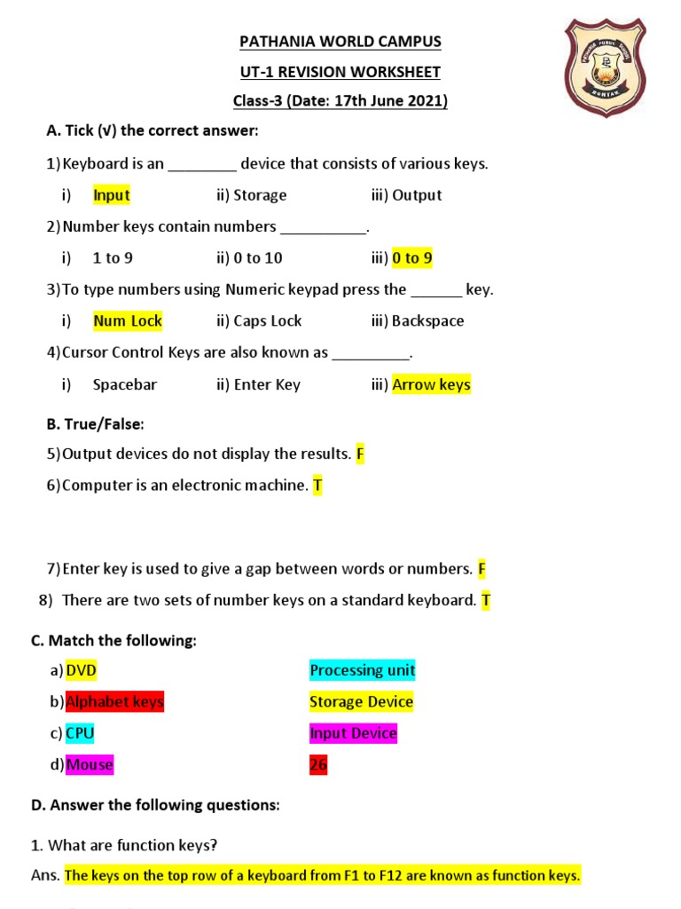 Class 3 UT-1 Revision Worksheet Solution | PDF