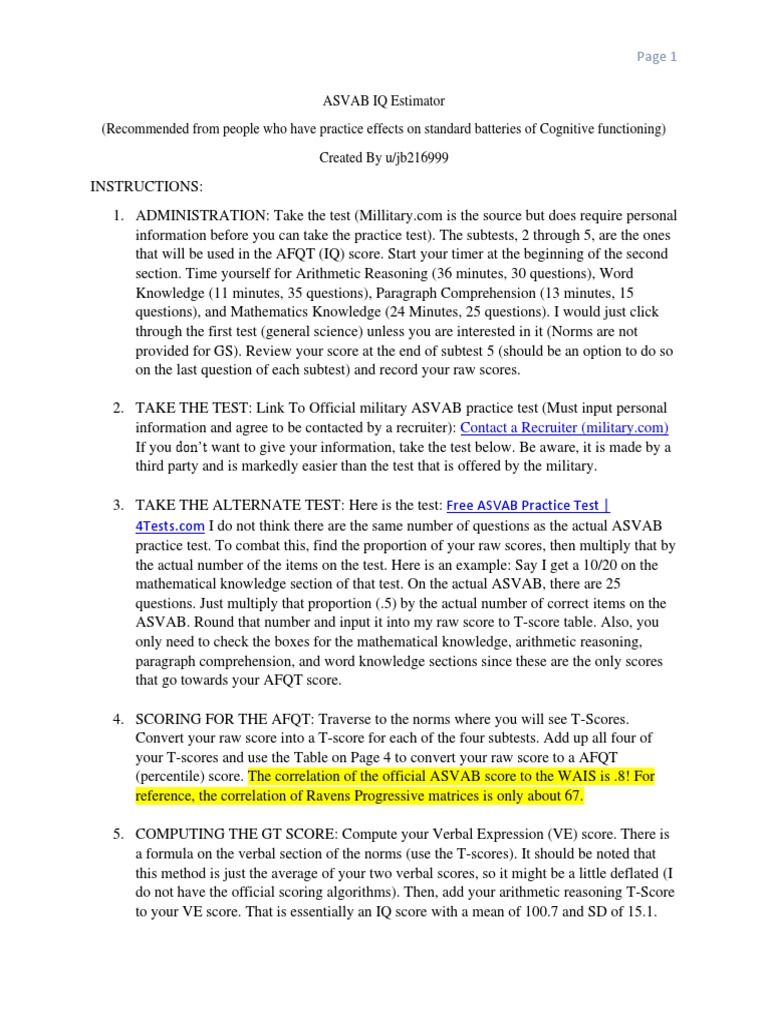 ASVAB IQ Estimator Document | PDF | Armed Services Vocational Aptitude ...