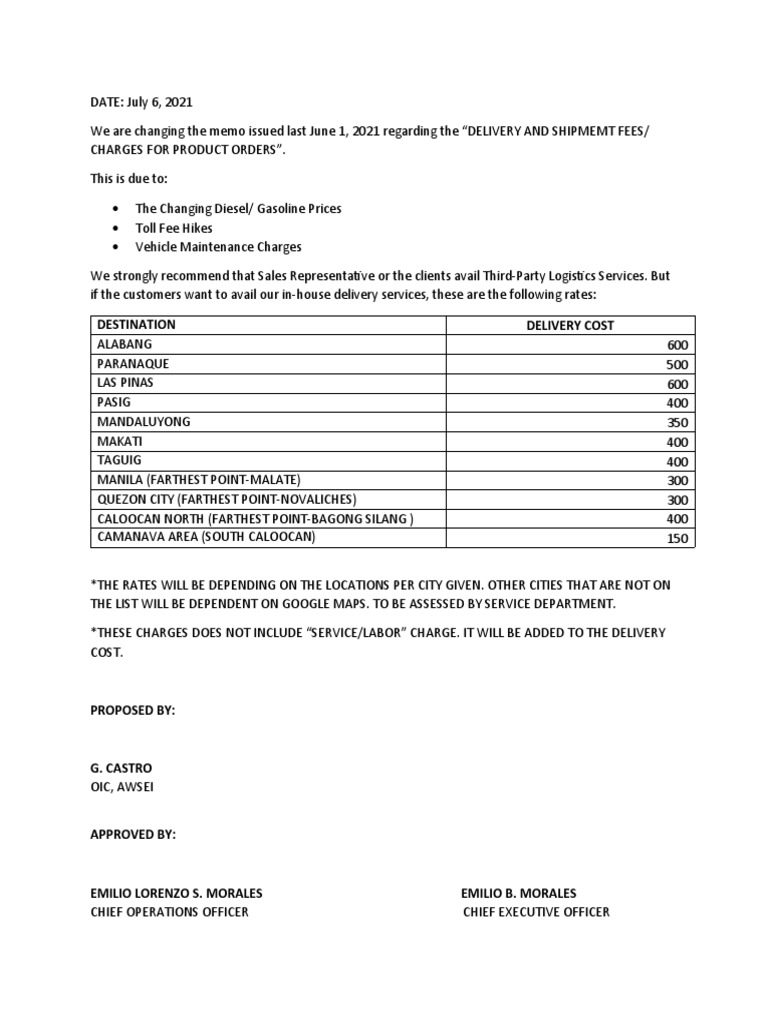 Dellivery Charge-Memo | PDF