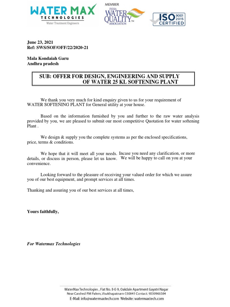 Offer Letter for the Design, Engineering, and Supply of a 25 KL Water ...