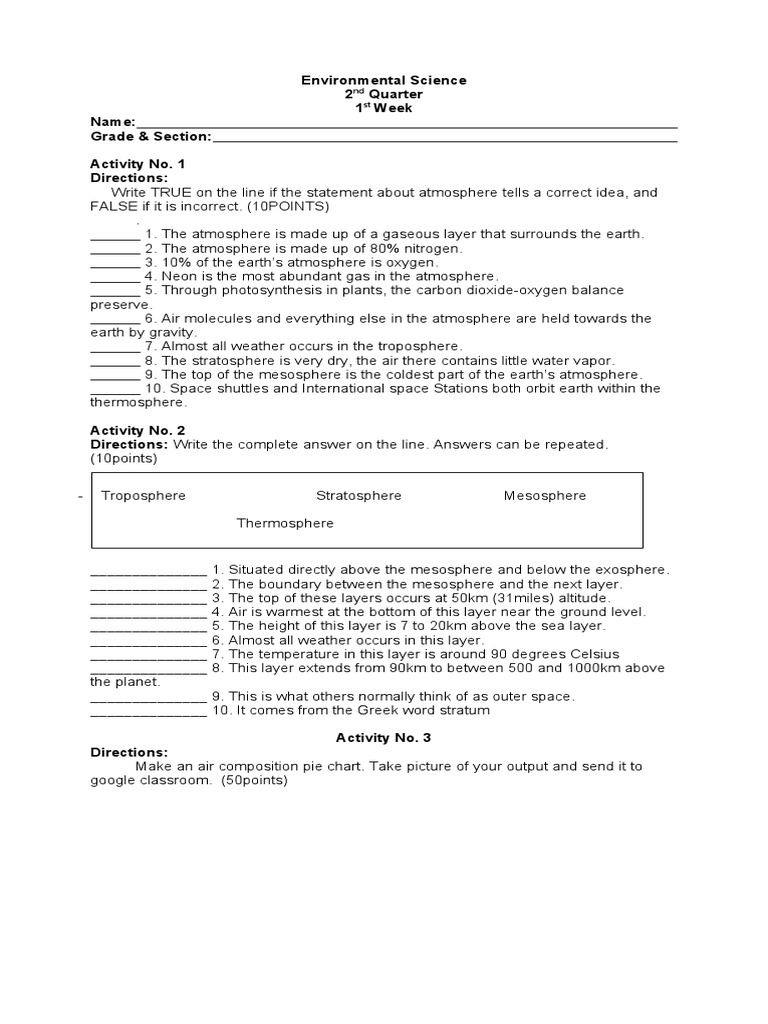 Environmental Science 2 Quarter 1 Week Name: Grade & Section: Activity ...