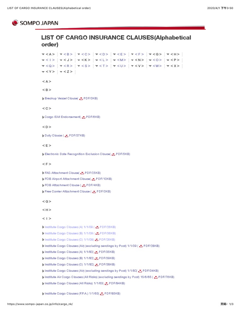 LIST OF CARGO INSURANCE CLAUSES (Alphabetical Order) | PDF | Freight ...