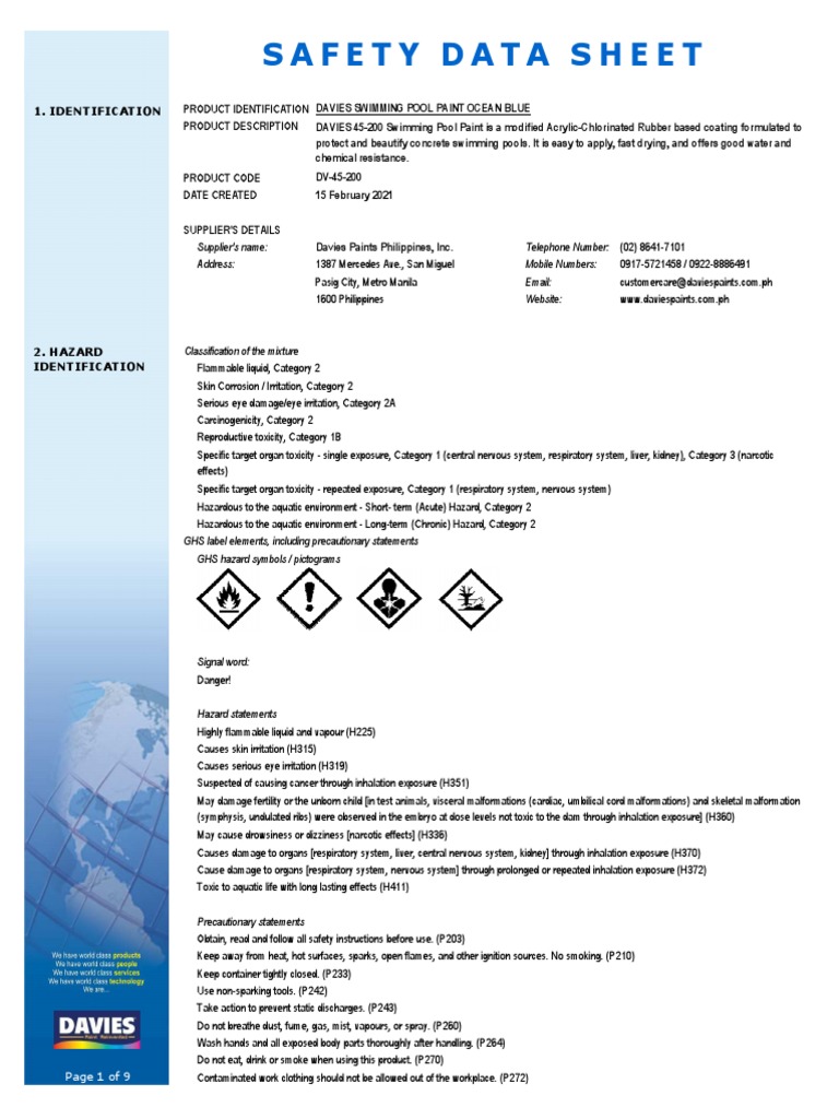 Davies Ocean Blue Pool Paint SDS | PDF | Dangerous Goods | Firefighting
