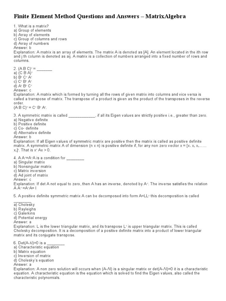 Finite Element Analysis MCQ | PDF | Finite Element Method | Matrix ...