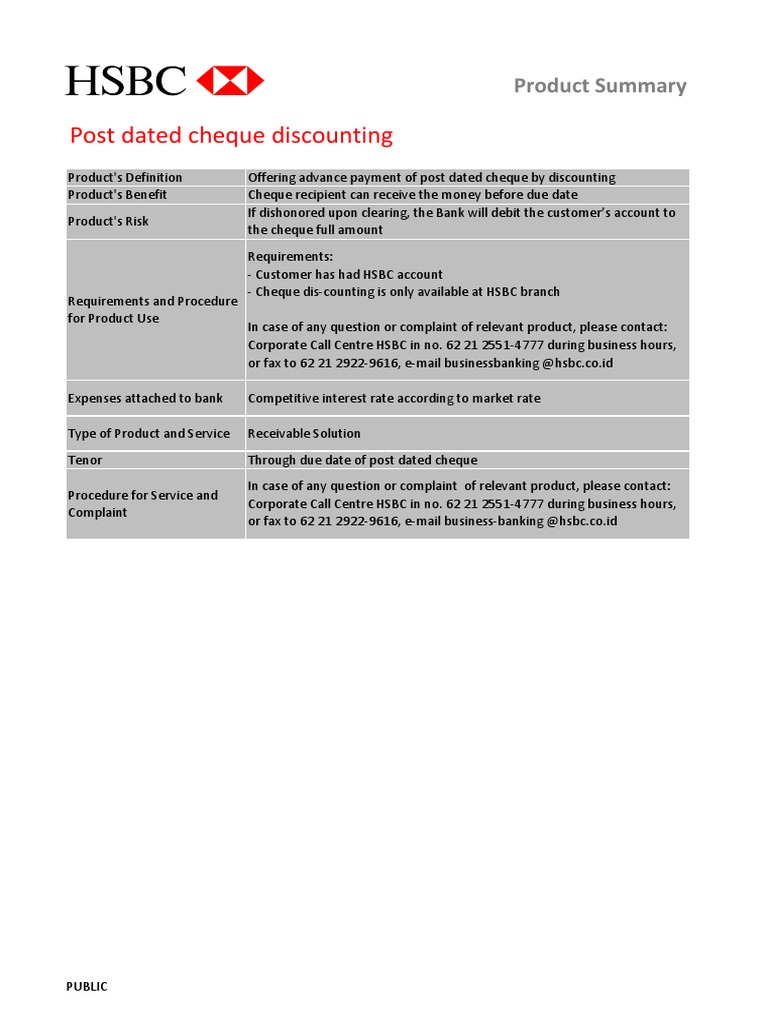 Post Dated Cheque Discounting: Product Summary | PDF