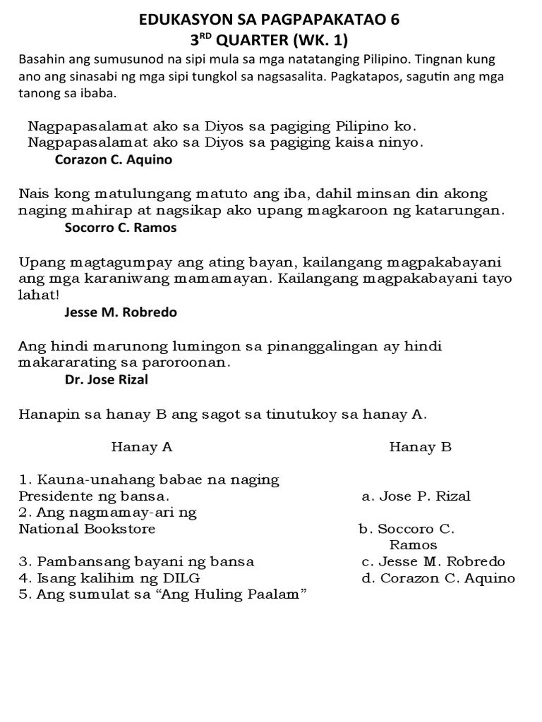 EDUKASYON-SA-PAGPAPAKATAO-Activity Sheets 6 | PDF