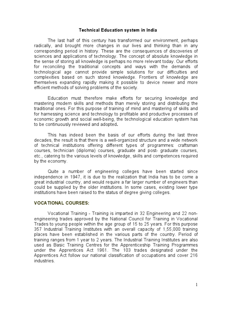 Technical Education System in India: Vocational Courses | PDF ...