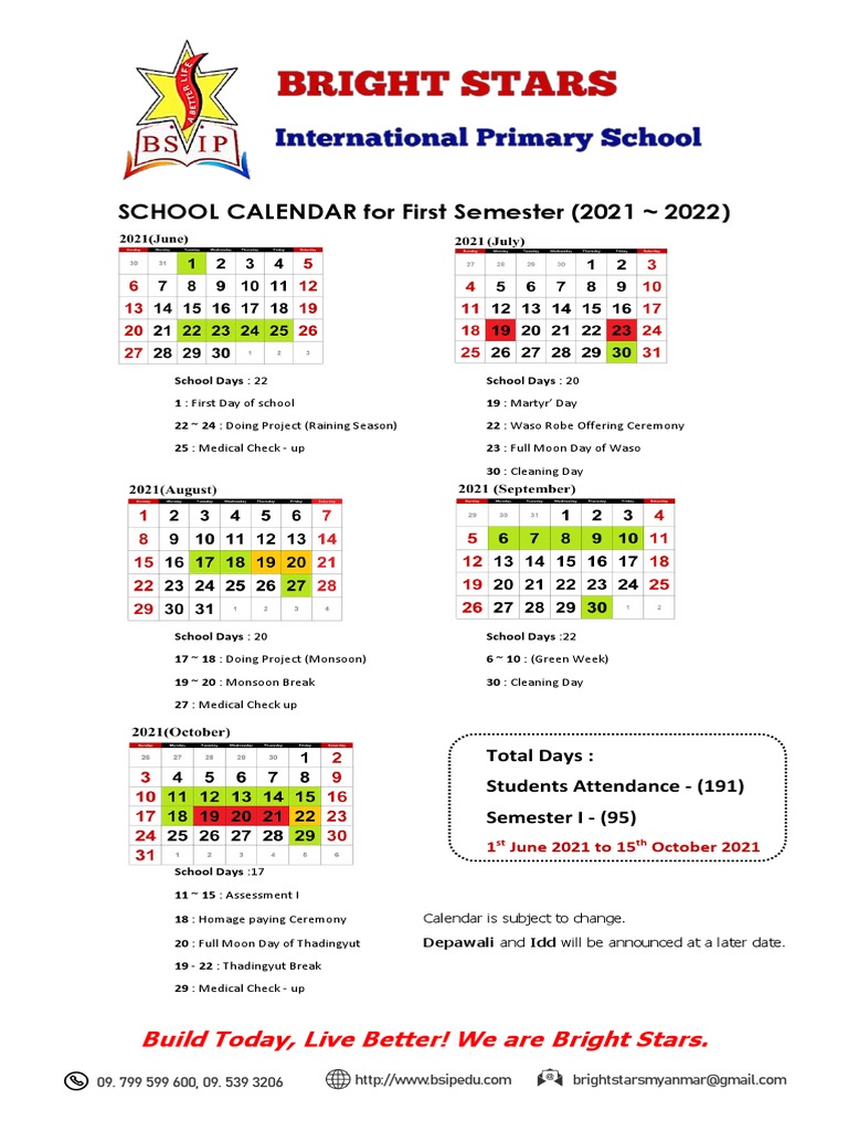 SCHOOL CALENDAR For First Semester (2021 2022) : Build Today, Live ...