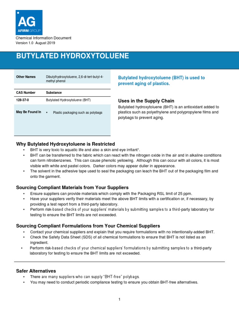 BHT in Packaging: Uses and Risks | PDF | Plastic | Chemical Compounds
