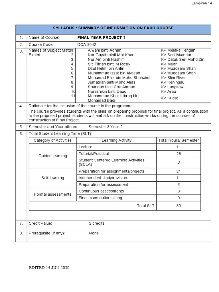 Syllabus: Summary of Information On Each Course Final Year Project 1 ...
