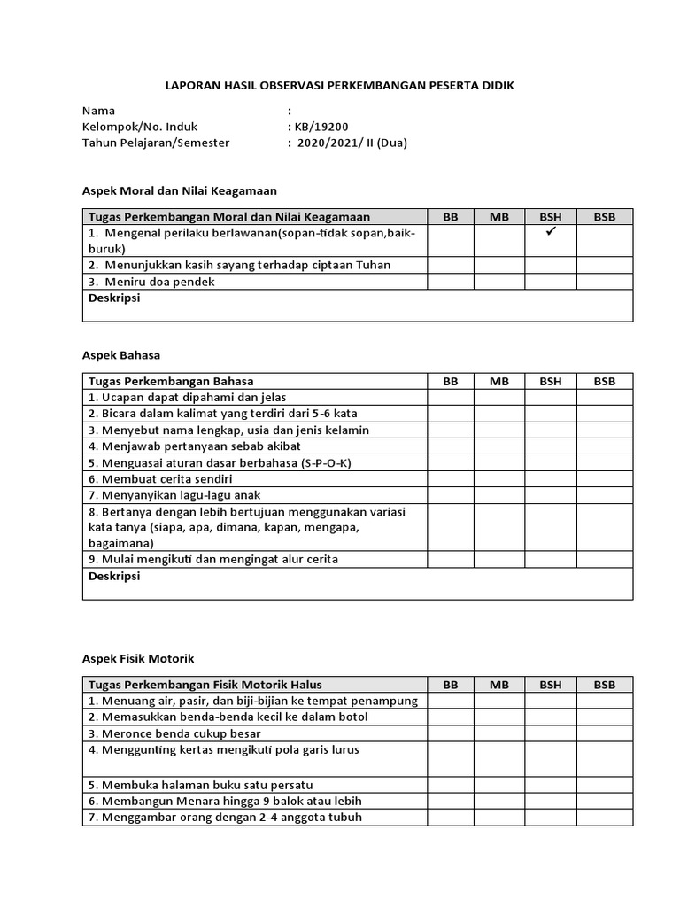 Laporan Hasil Observasi Perkembangan Peserta Didik | PDF