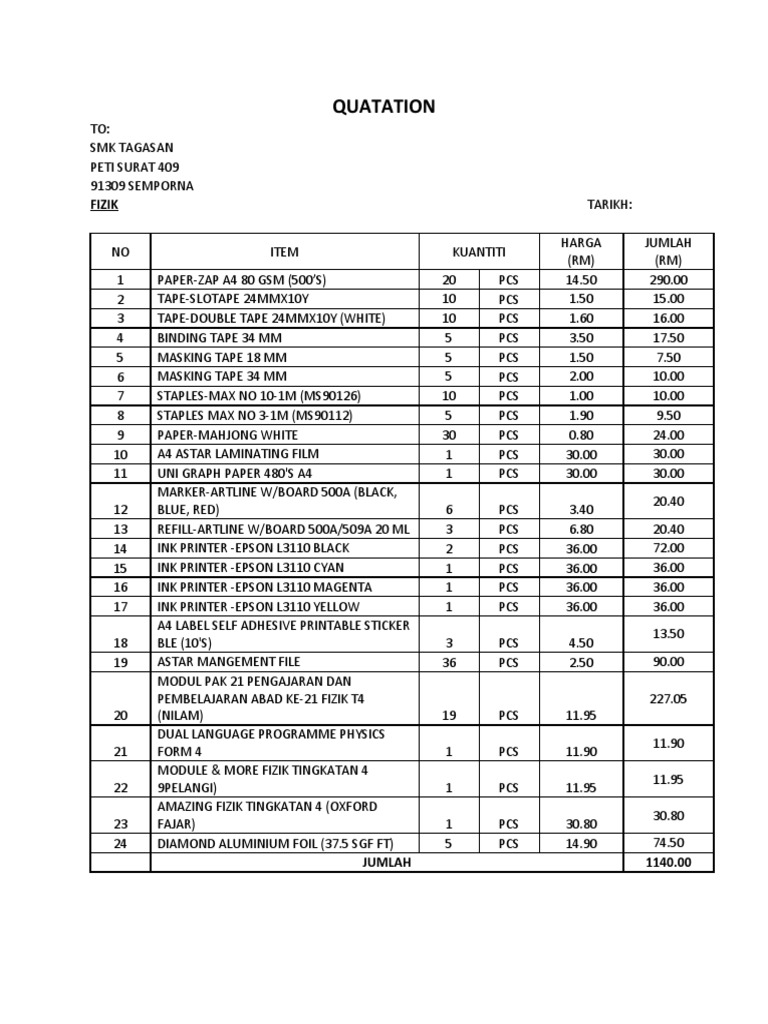 Office Supply Order and Invoice for SMK Tagasan High School in Semporna ...