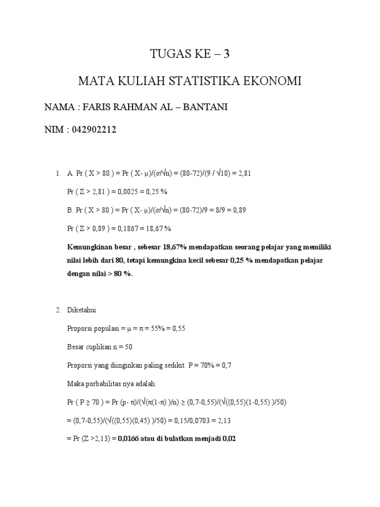 Tugas Ke 3 Statistika Ekonomi | PDF