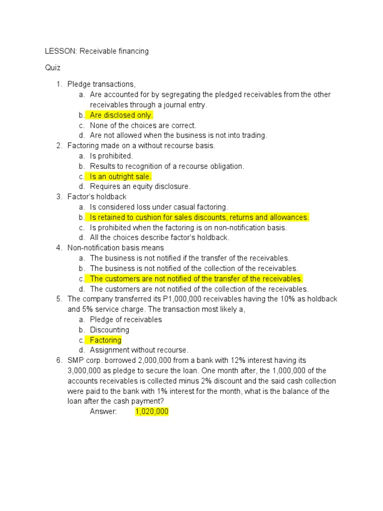 Accounting - Answer Key Quiz - Receivable Financing | PDF | Factoring ...