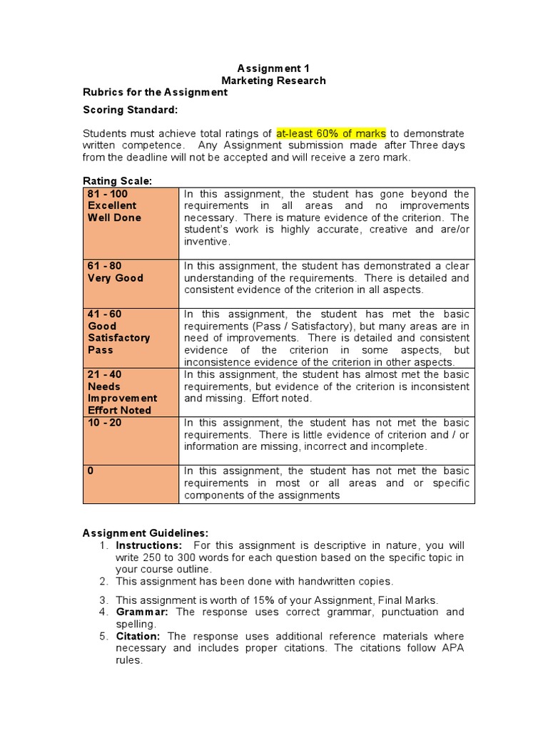 Assignment 1 Marketing Research Rubrics For The Assignment Scoring ...