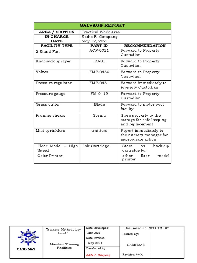 10 - Salvage Report | PDF | Equipment | Tools