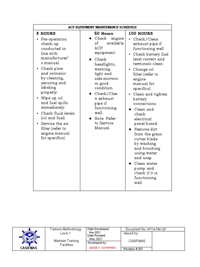 Acp Equipment Maintenance Schedule | PDF | Motor Vehicle | Vehicle ...