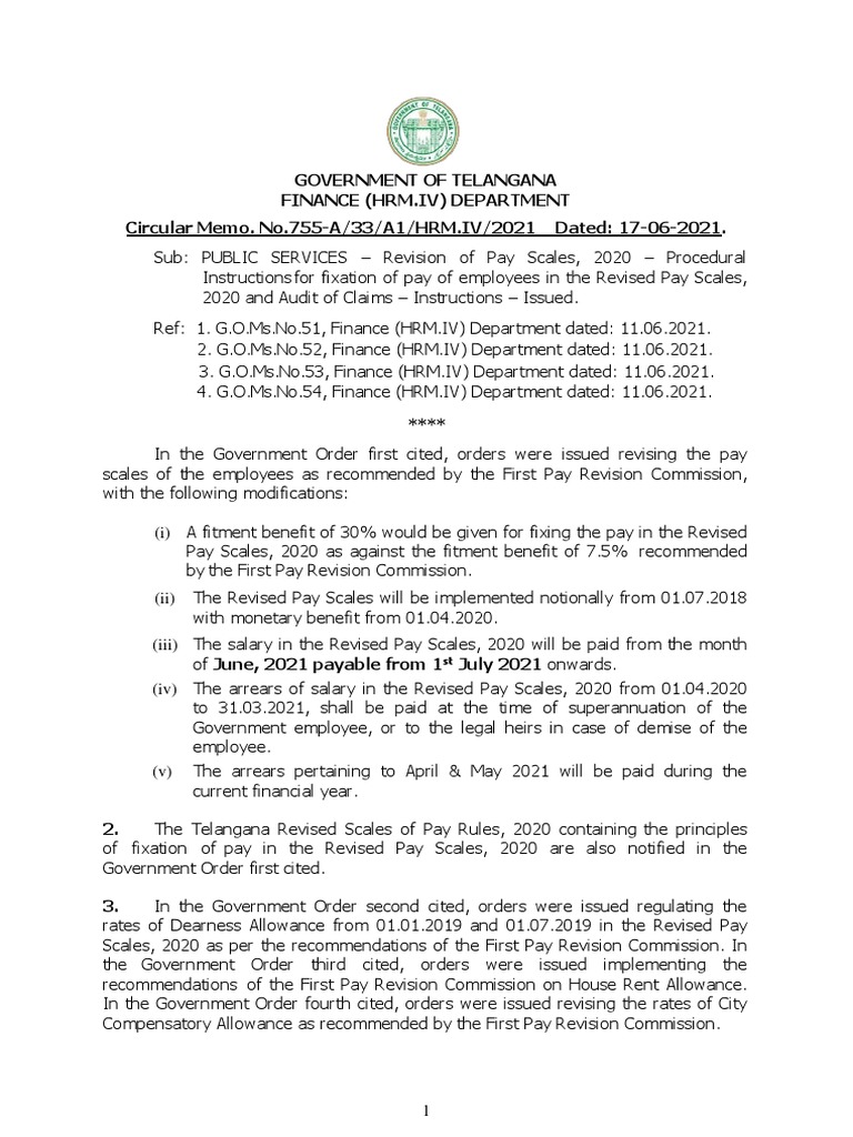 Telangana Revised Pay Scales 2020 Instructions | PDF | Audit | Salary