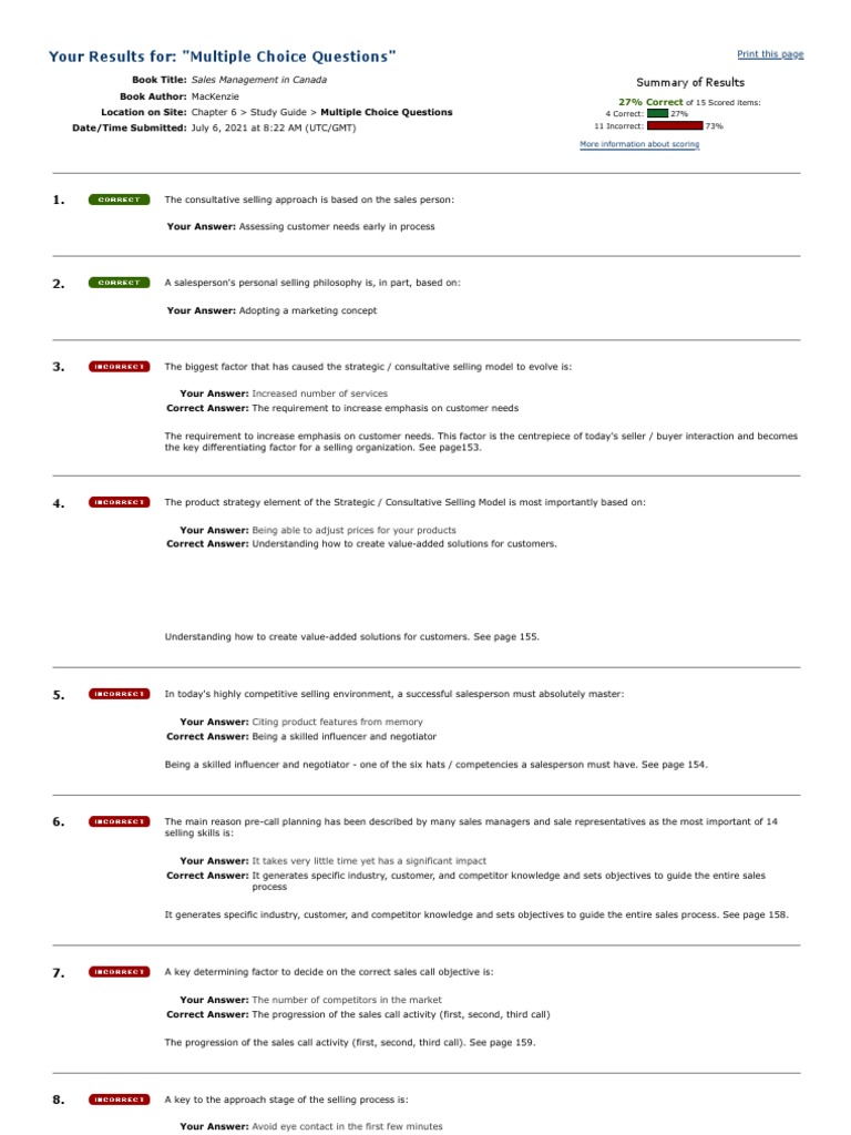 Your Results For: "Multiple Choice Questions" | PDF | Sales ...