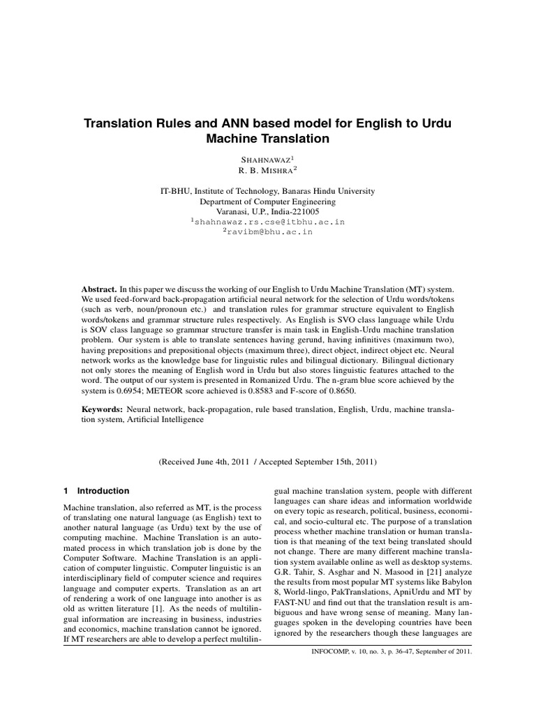 Translation Rules and ANN Based Model For English To Urdu Machine ...
