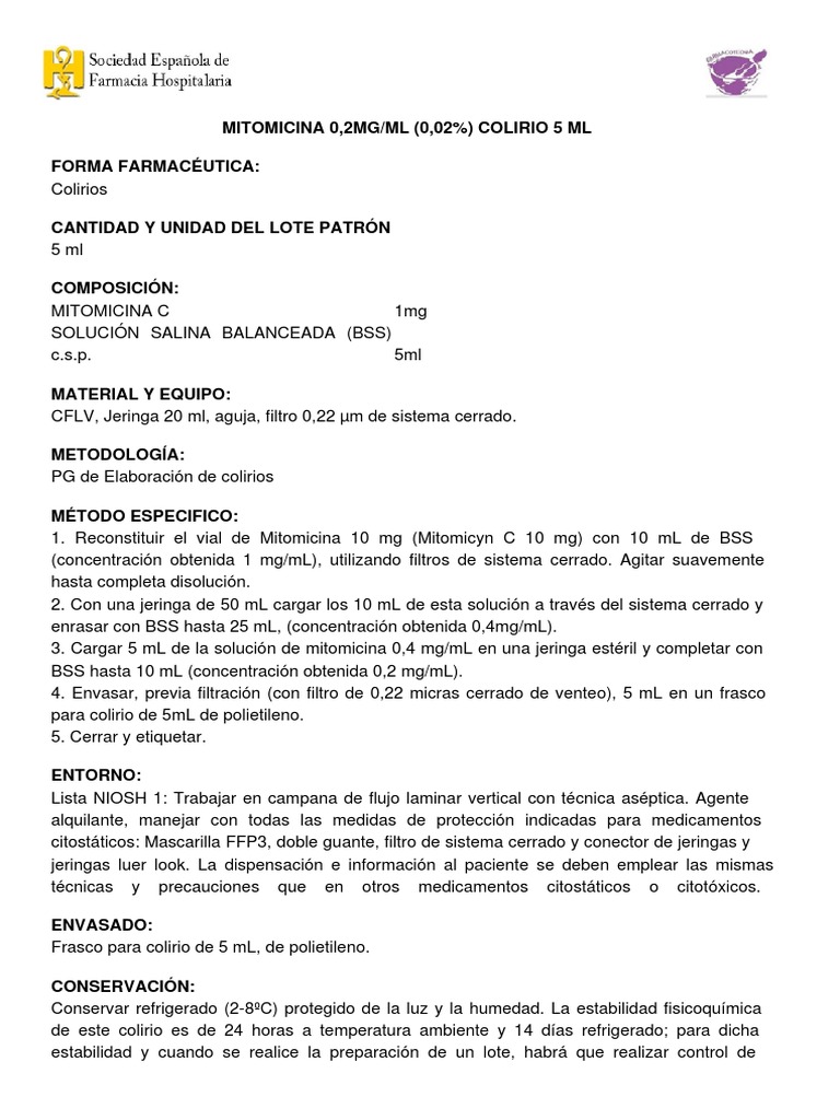 Mitomicina 02MG ML 002 Colirio PNT | PDF | Concentración | Farmacología