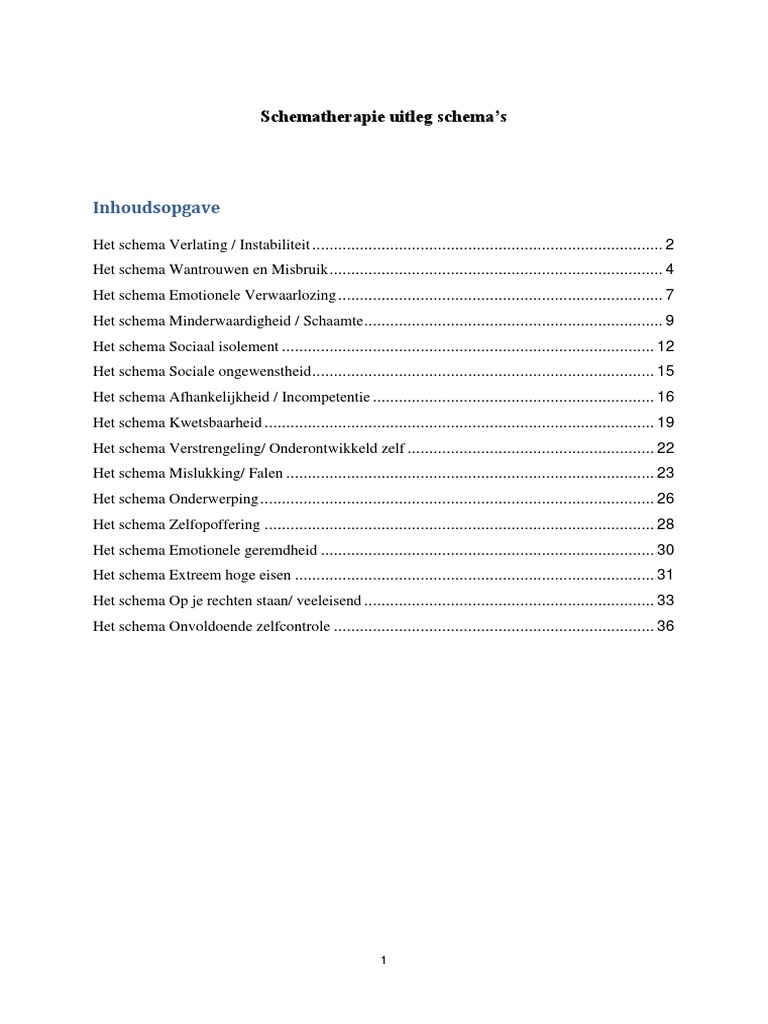 Inhoudsopgave: Schematherapie Uitleg Schema's | PDF