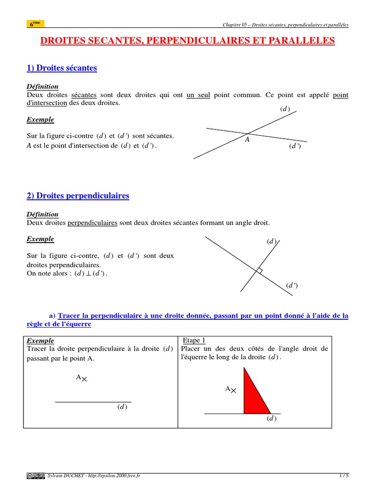 Droites sécantes et perpendiculaires | PDF | Perpendicularité ...