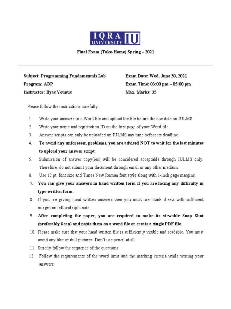 PF Lab Ad Program Final Exam | PDF | C (Programming Language) | Test ...