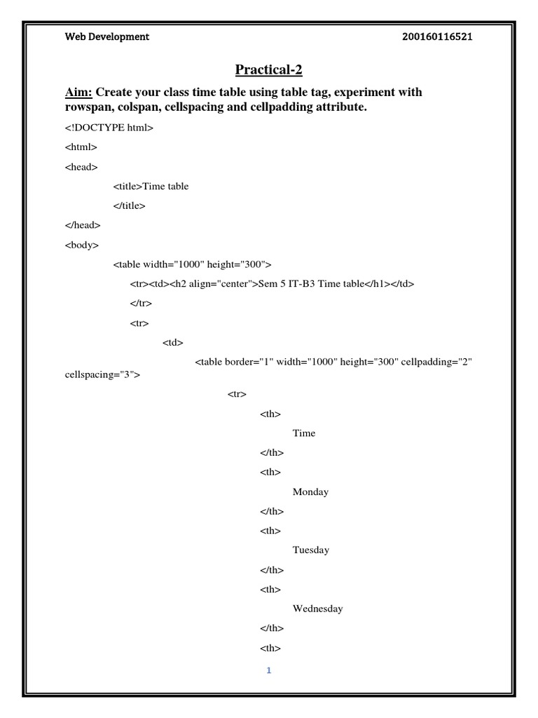 Aim: Create Your Class Time Table Using Table Tag, Experiment With Rowspan, Colspan, Cellspacing ...