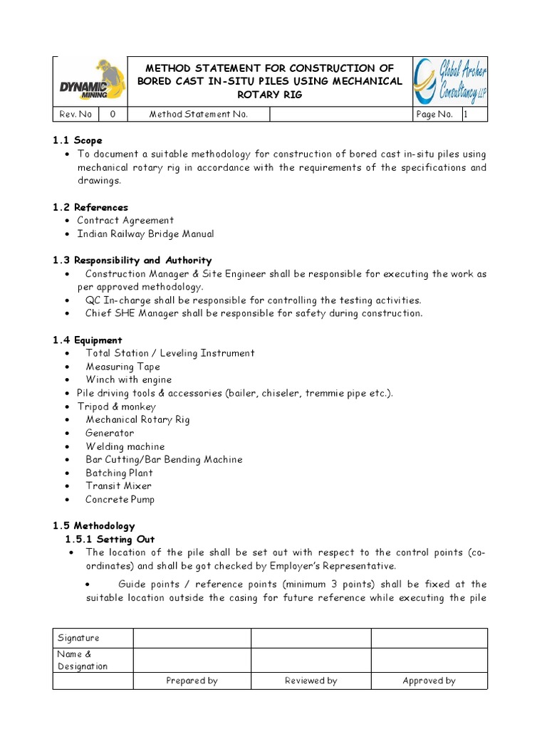 Method Statement For Construction Of Bored Cast In Situ Piles Using