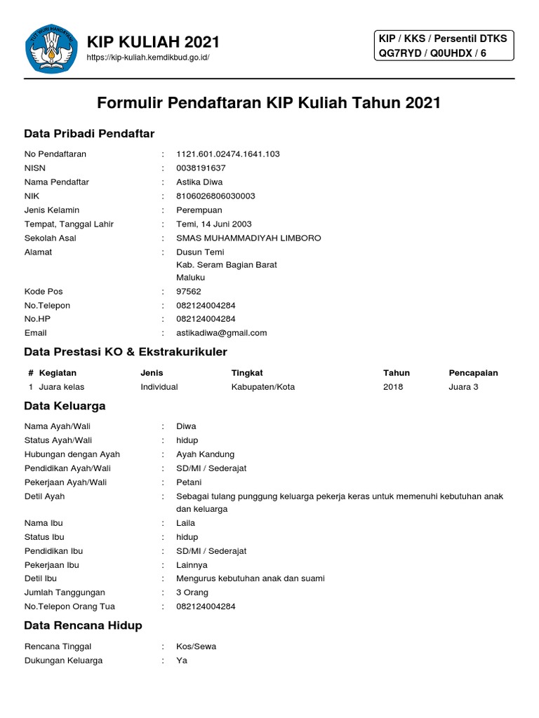 Formulir Peserta KIP Kuliah 2021 | PDF