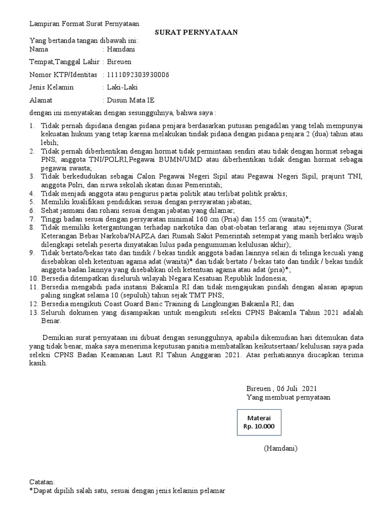 Lampiran Format Surat Pernyataan Cpns | PDF
