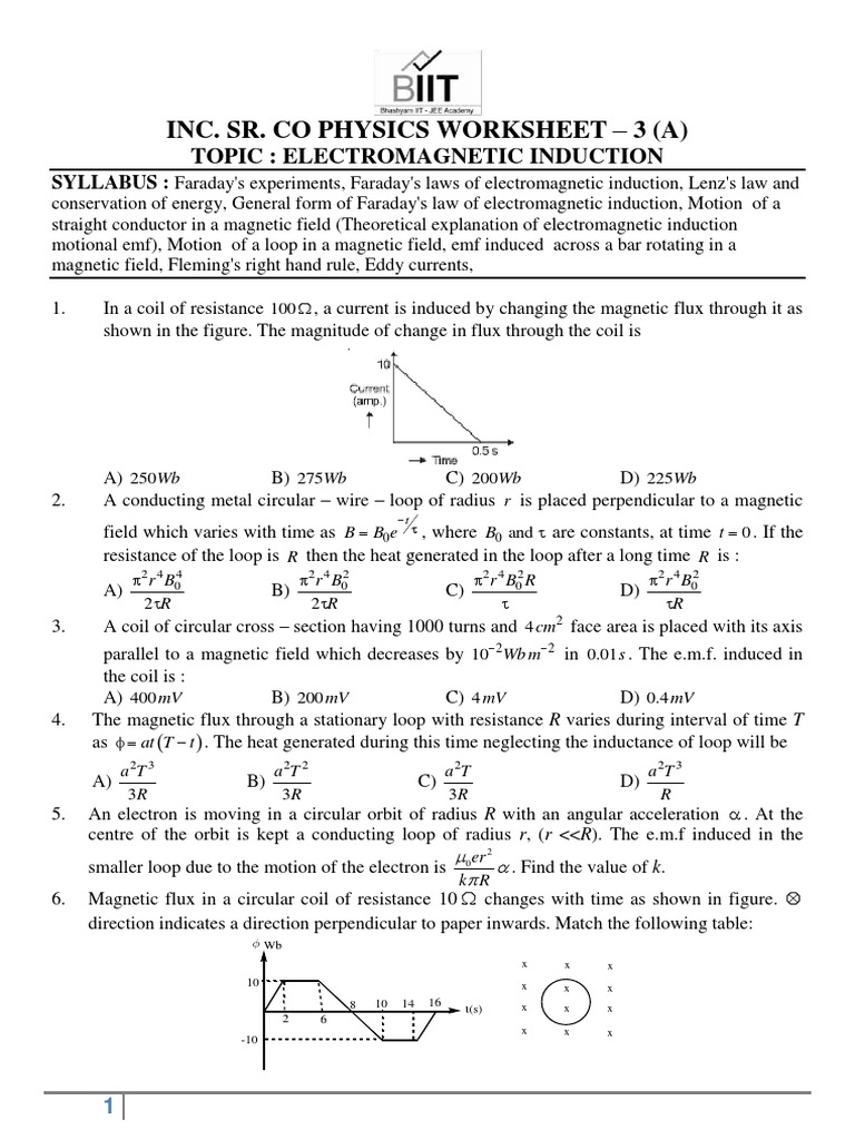 Inc. Sr. Co Physics Worksheet - 3 (A) | PDF | Electromagnetic Induction ...