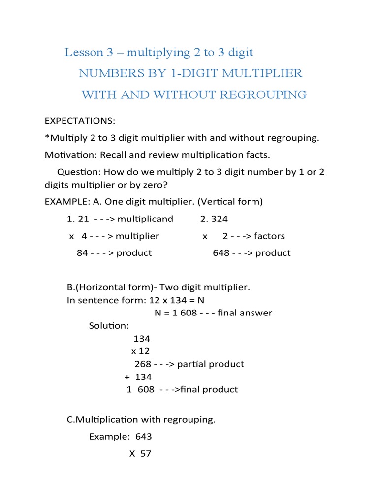 Lesson 3 - Multiplying 2 To 3 Digit NUMBERS BY 1-DIGIT MULTIPLIER WITH ...