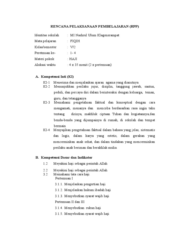 RPP K13 Fiqih Kelas 5 Semester 2 Haji | PDF | Kesehatan Holistik