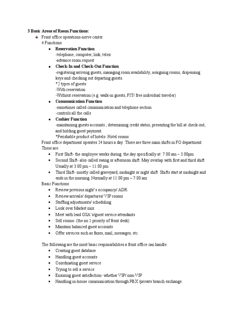3 Basic Areas of Room Functions | PDF | Business | Computing