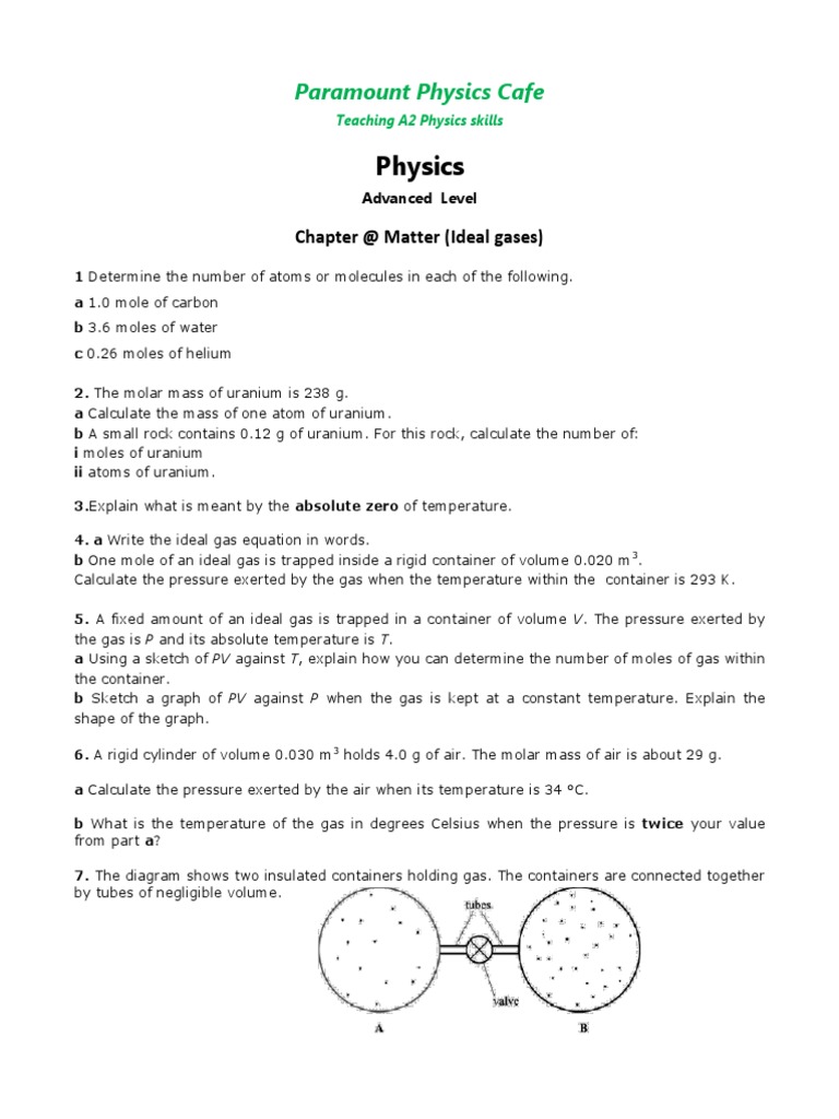 Thermal Physics A2 Matter (Ideal Gas) WS Final | PDF | Gases | Temperature