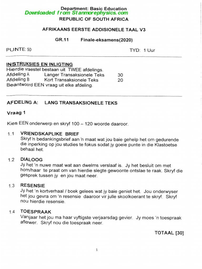 Grade 11 Afrikaans Paper 3 Guide | PDF