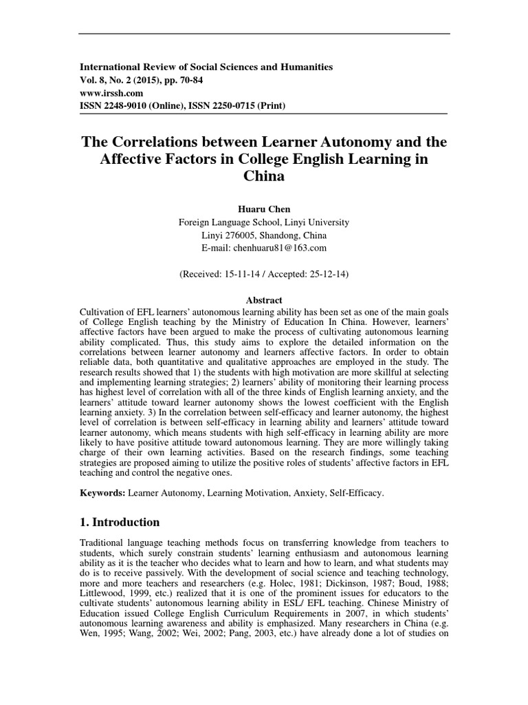 Chen 2015 The Correlations Between Learner Autonomy and The | PDF | Self Efficacy | Motivation