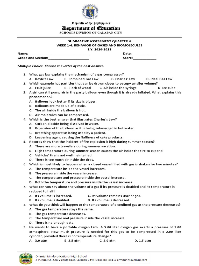 Summative Tests For Fourth Quarter | PDF | Carbohydrates | Gases