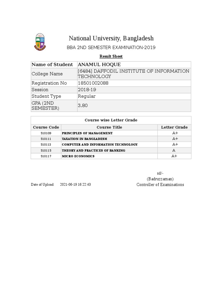 National University, Bangladesh: Bba 2Nd Semester Examination-2019 ...